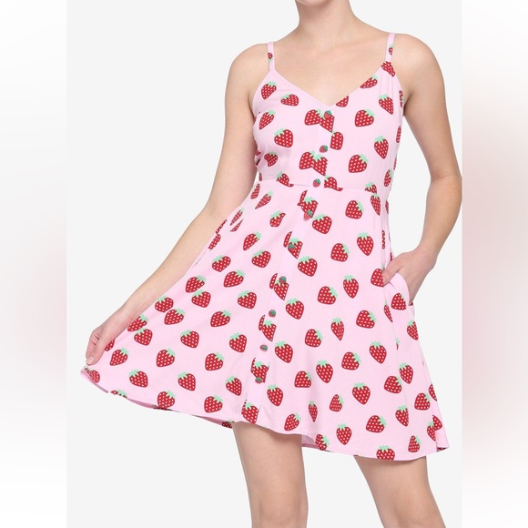 Hot Topic | Dresses | Hot Topic Pink Strawberry Buttonfront Dress Fit ...